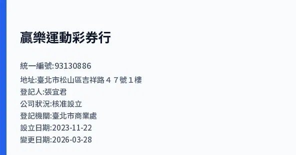 贏樂運動彩券行的照片-統編 93130886(臺北市) 公司登記資料與營業項目詳細圖表