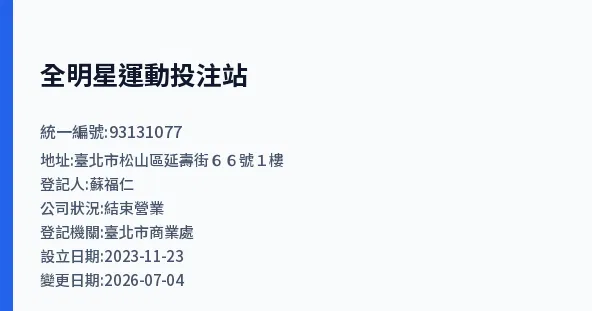 全明星運動投注站的照片-統編 93131077(臺北市) 公司登記資料與營業項目詳細圖表