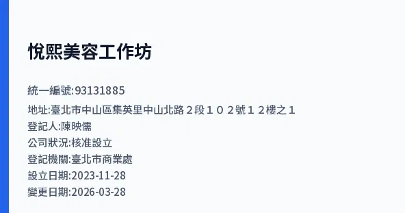悅熙美容工作坊的照片-統編 93131885(臺北市) 公司登記資料與營業項目詳細圖表