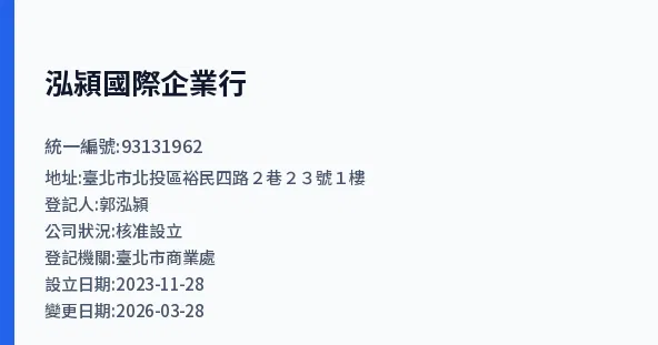 泓潁國際企業行的照片-統編 93131962(臺北市) 公司登記資料與營業項目詳細圖表