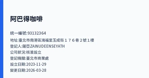 阿巴得咖啡的照片-統編 93132364(臺北市) 公司登記資料與營業項目詳細圖表