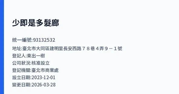 少即是多髮廊的照片-統編 93132532(臺北市) 公司登記資料與營業項目詳細圖表