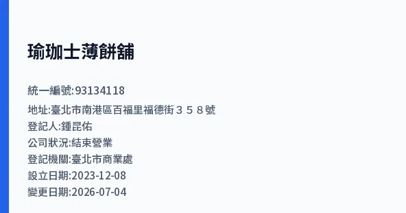 瑜珈士薄餅舖的照片-統編 93134118(臺北市) 公司登記資料與營業項目詳細圖表