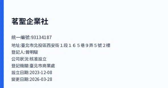 茗聖企業社的照片-統編 93134187(臺北市) 公司登記資料與營業項目詳細圖表