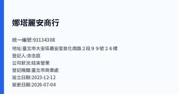 娜塔麗安商行的照片-統編 93134308(臺北市) 公司登記資料與營業項目詳細圖表