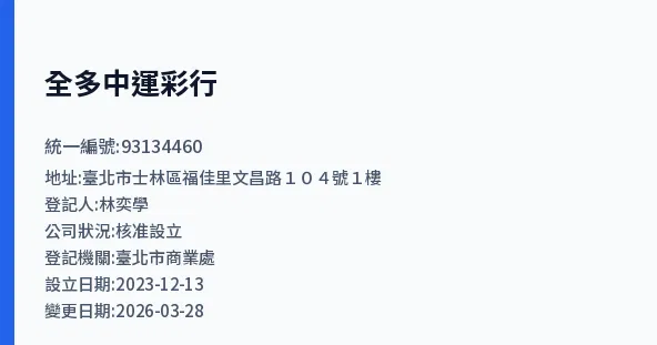 全多中運彩行的照片-統編 93134460(臺北市) 公司登記資料與營業項目詳細圖表