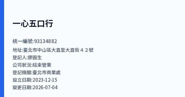 一心五口行的照片-統編 93134882(臺北市) 公司登記資料與營業項目詳細圖表