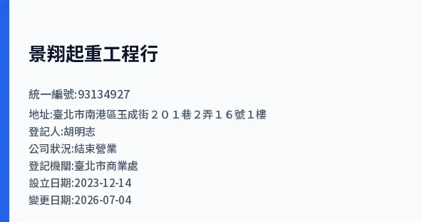景翔起重工程行的照片-統編 93134927(臺北市) 公司登記資料與營業項目詳細圖表