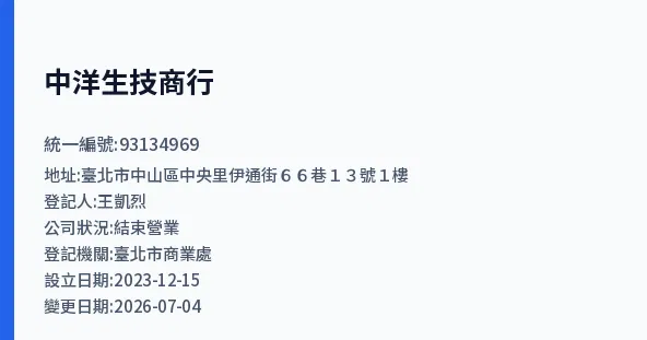 中洋生技商行的照片-統編 93134969(臺北市) 公司登記資料與營業項目詳細圖表
