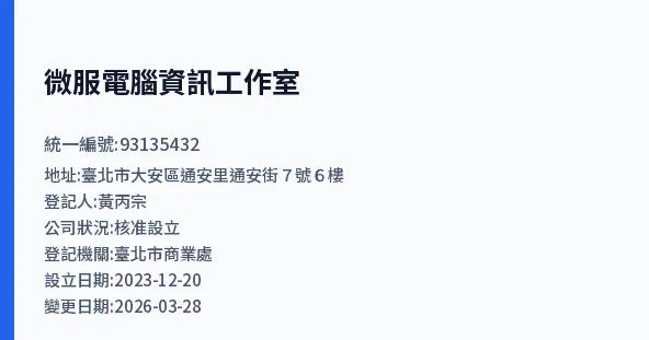 微服電腦資訊工作室的照片-統編 93135432(臺北市) 公司登記資料與營業項目詳細圖表