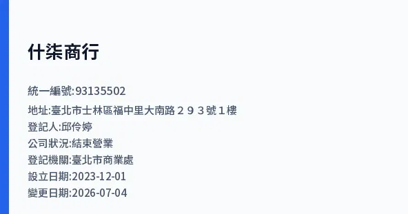 什柒商行的照片-統編 93135502(臺北市) 公司登記資料與營業項目詳細圖表