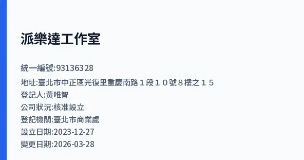 派樂達工作室的照片-統編 93136328(臺北市) 公司登記資料與營業項目詳細圖表