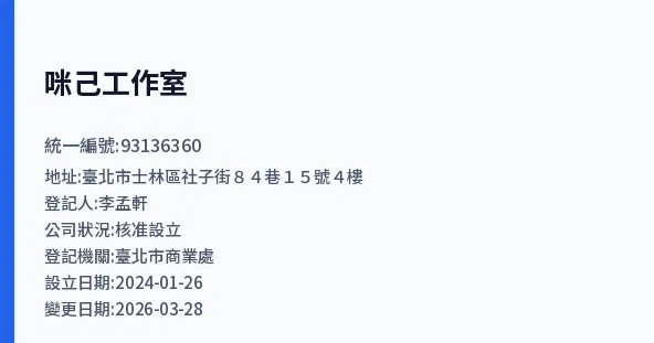 咪己工作室的照片-統編 93136360(臺北市) 公司登記資料與營業項目詳細圖表