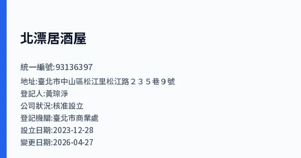北漂居酒屋的照片-統編 93136397(臺北市) 公司登記資料與營業項目詳細圖表