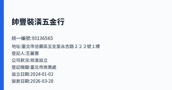 帥豐裝潢五金行的照片-統編 93136565(臺北市) 公司登記資料與營業項目詳細圖表