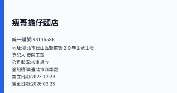 瘦哥擔仔麵店的照片-統編 93136586(臺北市) 公司登記資料與營業項目詳細圖表