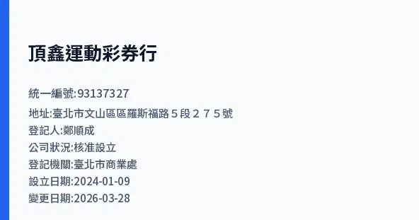 頂鑫運動彩券行的照片-統編 93137327(臺北市) 公司登記資料與營業項目詳細圖表