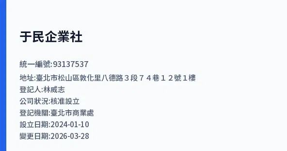 于民企業社的照片-統編 93137537(臺北市) 公司登記資料與營業項目詳細圖表