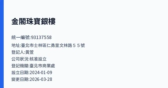 金閣珠寶銀樓的照片-統編 93137558(臺北市) 公司登記資料與營業項目詳細圖表