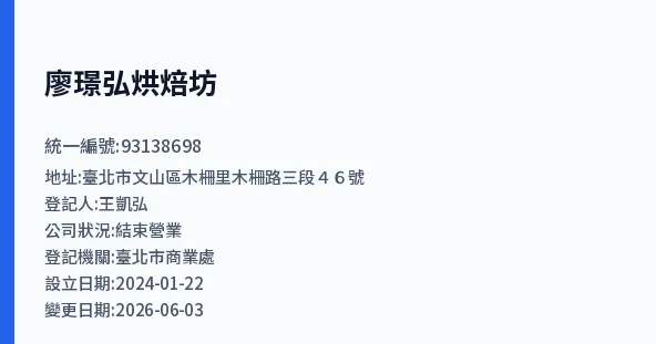 廖璟弘烘焙坊的照片-統編 93138698(臺北市) 公司登記資料與營業項目詳細圖表