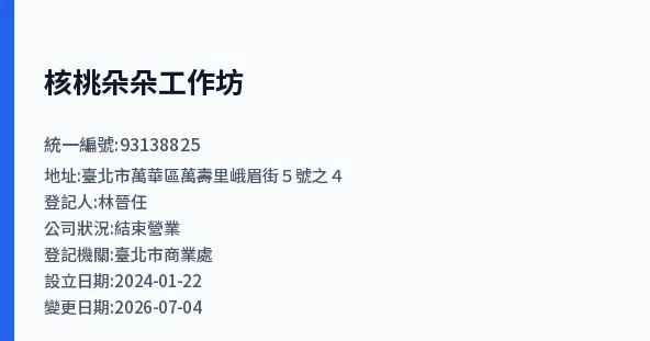 核桃朵朵工作坊的照片-統編 93138825(臺北市) 公司登記資料與營業項目詳細圖表