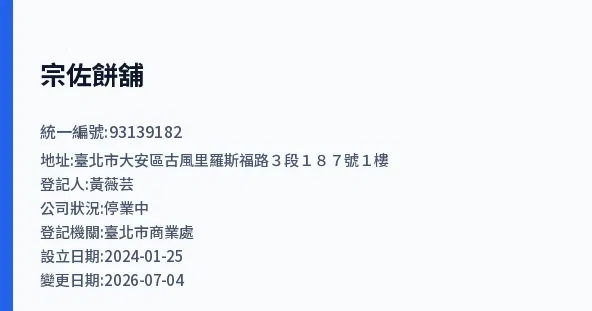 宗佐餅舖的照片-統編 93139182(臺北市) 公司登記資料與營業項目詳細圖表