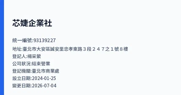芯婕企業社的照片-統編 93139227(臺北市) 公司登記資料與營業項目詳細圖表