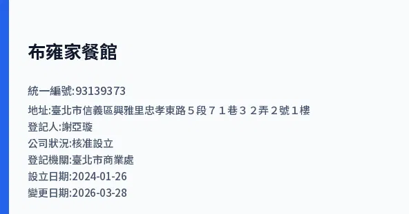 布雍家餐館的照片-統編 93139373(臺北市) 公司登記資料與營業項目詳細圖表