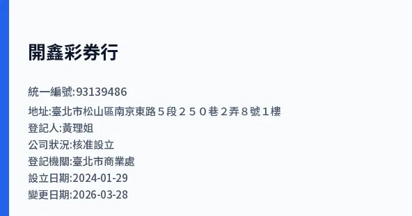 開鑫彩券行的照片-統編 93139486(臺北市) 公司登記資料與營業項目詳細圖表