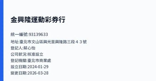 金興隆運動彩券行的照片-統編 93139633(臺北市) 公司登記資料與營業項目詳細圖表
