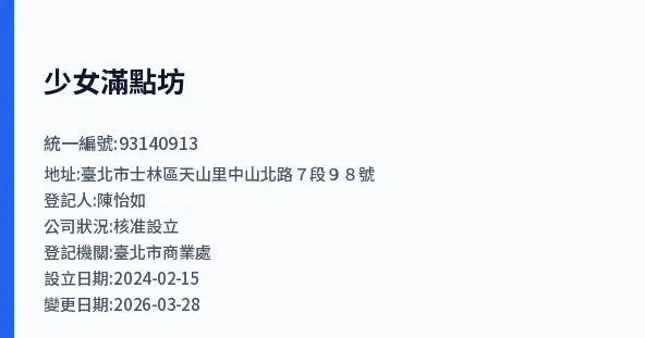 少女滿點坊的照片-統編 93140913(臺北市) 公司登記資料與營業項目詳細圖表