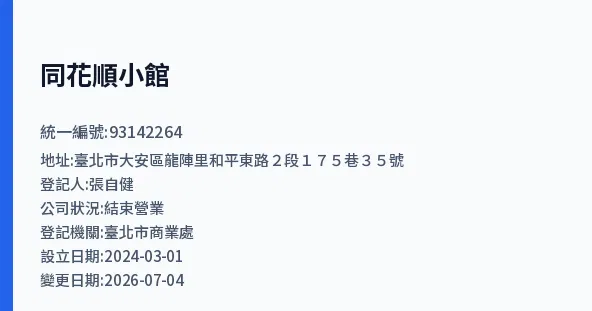 同花順小館的照片-統編 93142264(臺北市) 公司登記資料與營業項目詳細圖表