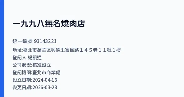 一九九八無名燒肉店的照片-統編 93143221(臺北市) 公司登記資料與營業項目詳細圖表