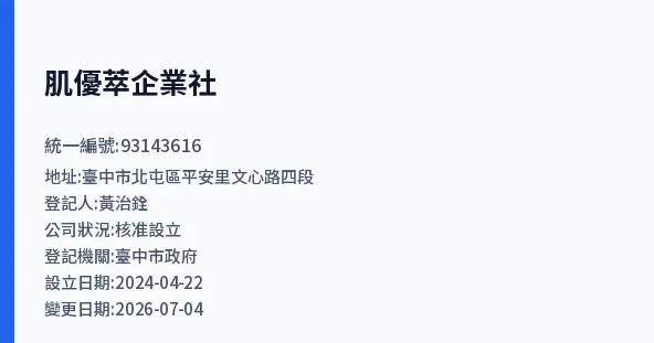 肌優萃企業社的照片-統編 93143616(臺中市) 公司登記資料與營業項目詳細圖表