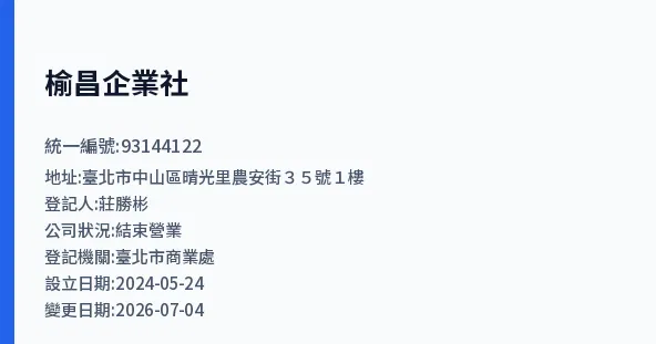 榆昌企業社的照片-統編 93144122(臺北市) 公司登記資料與營業項目詳細圖表