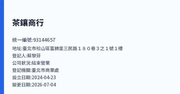 茶鑲商行的照片-統編 93144657(臺北市) 公司登記資料與營業項目詳細圖表