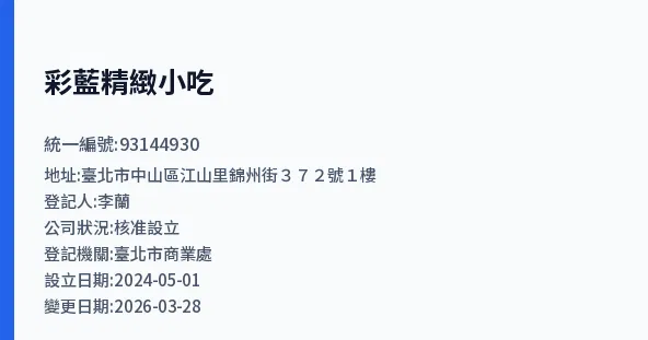 彩藍精緻小吃的照片-統編 93144930(臺北市) 公司登記資料與營業項目詳細圖表