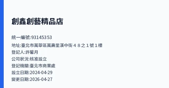 創鑫創藝精品店的照片-統編 93145353(臺北市) 公司登記資料與營業項目詳細圖表