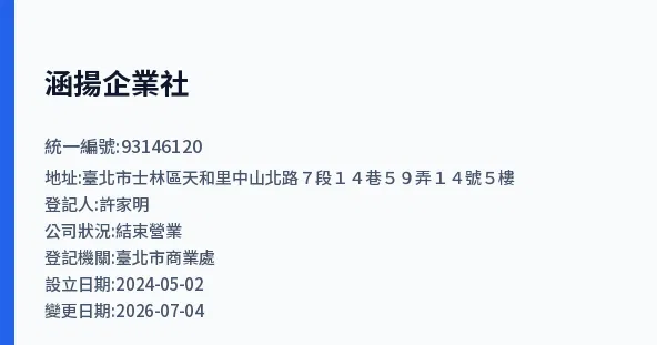 涵揚企業社的照片-統編 93146120(臺北市) 公司登記資料與營業項目詳細圖表
