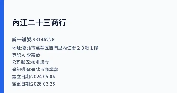 內江二十三商行的照片-統編 93146228(臺北市) 公司登記資料與營業項目詳細圖表