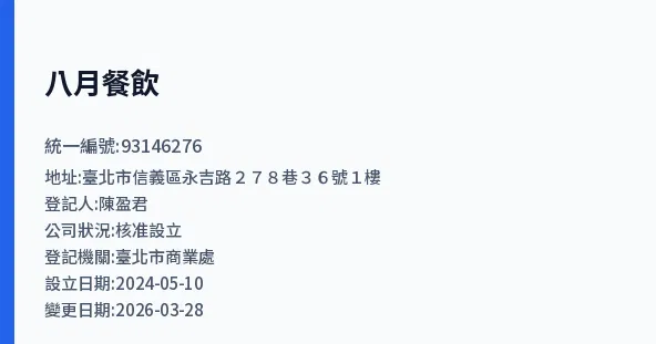 八月餐飲的照片-統編 93146276(臺北市) 公司登記資料與營業項目詳細圖表