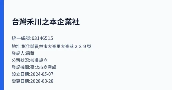 台灣禾川之本企業社的照片-統編 93146515(彰化縣) 公司登記資料與營業項目詳細圖表