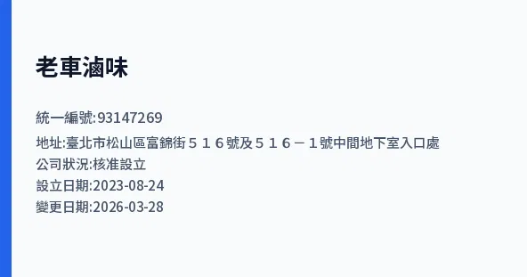 老車滷味的照片-統編 93147269(臺北市) 公司登記資料與營業項目詳細圖表