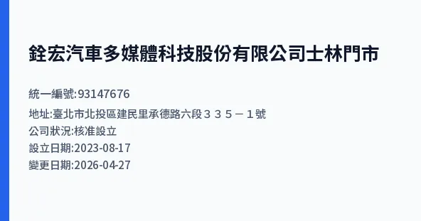 銓宏汽車多媒體科技股份有限公司士林門市的照片-統編 93147676(臺北市) 公司登記資料與營業項目詳細圖表