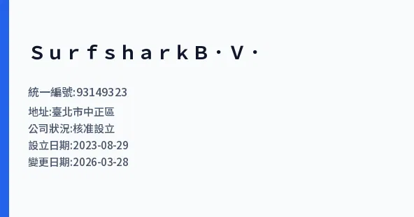Surfshark B.V.的照片-統編 93149323(臺北市) 公司登記資料與營業項目詳細圖表