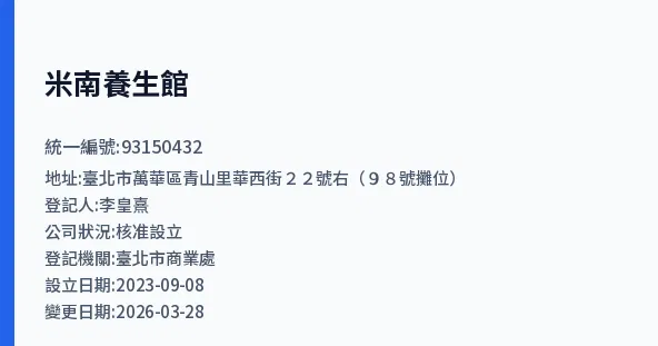 米南養生館的照片-統編 93150432(臺北市) 公司登記資料與營業項目詳細圖表
