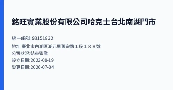 銘旺實業股份有限公司哈克士台北南湖門市的照片-統編 93151832(臺北市) 公司登記資料與營業項目詳細圖表
