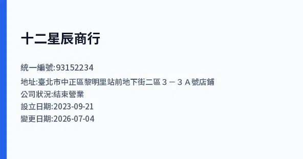 十二星辰商行的照片-統編 93152234(臺北市) 公司登記資料與營業項目詳細圖表