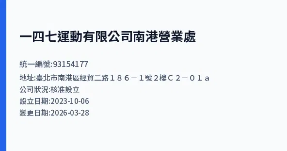 一四七運動有限公司南港營業處的照片-統編 93154177(臺北市) 公司登記資料與營業項目詳細圖表