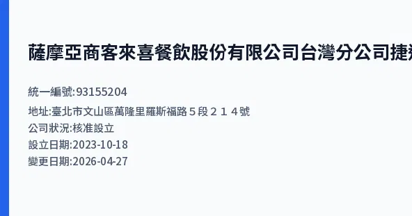 薩摩亞商客來喜餐飲股份有限公司台灣分公司捷運萬隆門市的照片-統編 93155204(臺北市) 公司登記資料與營業項目詳細圖表